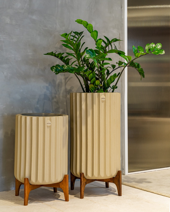 Ribbed Pot with Wood Stand | Palasa Planters Online
